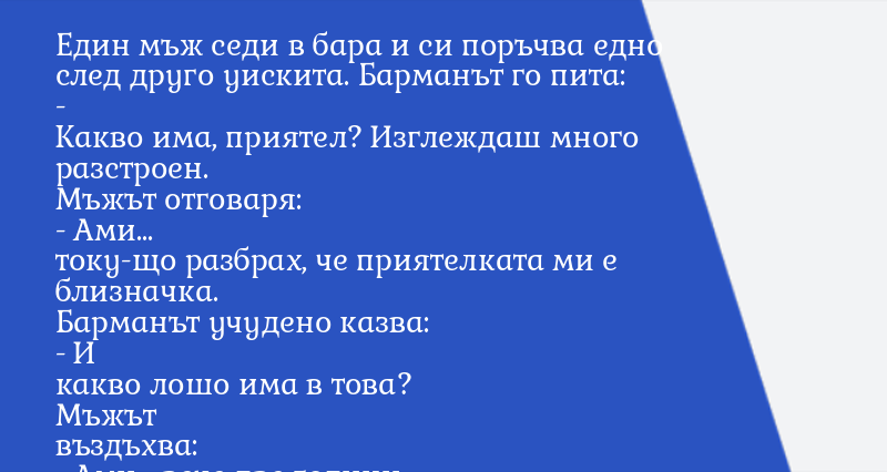 Един мъж седи в бара и си поръчва едно с ... - Вицове - Vesti.bg